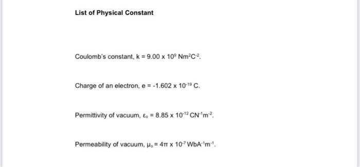 Solved List of Physical Constant Coulomb's constant, k = | Chegg.com