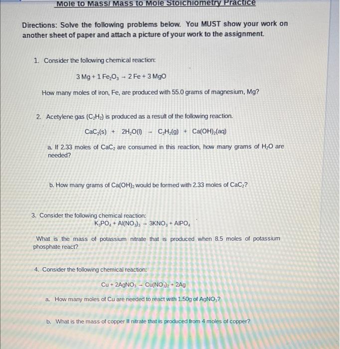 Solved Mole to Massi Mass to Mole Stoichiometry Practice | Chegg.com