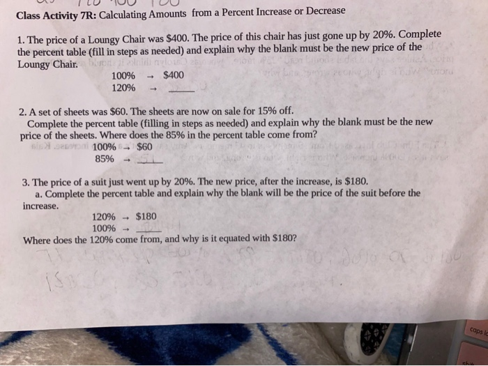 Solved Class Activity 7R: Calculating Amounts from a Percent | Chegg.com