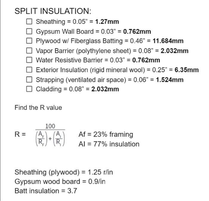 Solved = SPLIT INSULATION: Sheathing = 0.05" = 1.27mm Gypsum | Chegg.com