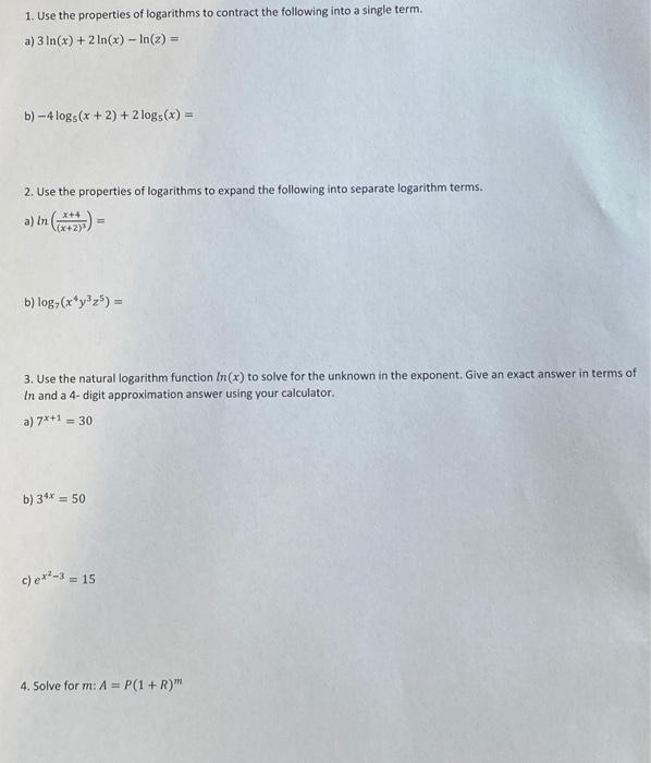 Solved 1. Use the properties of logarithms to contract the | Chegg.com
