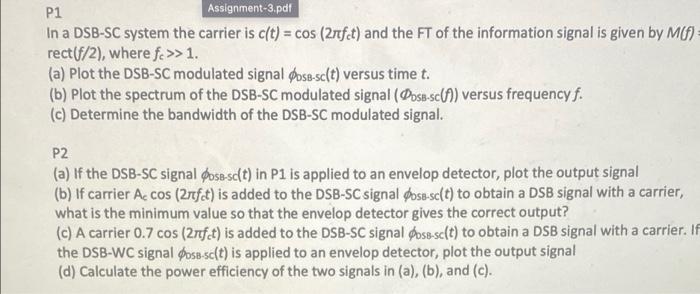 Solved P1 Assignment-3.pdf In a DSB-SC system the carrier is | Chegg.com