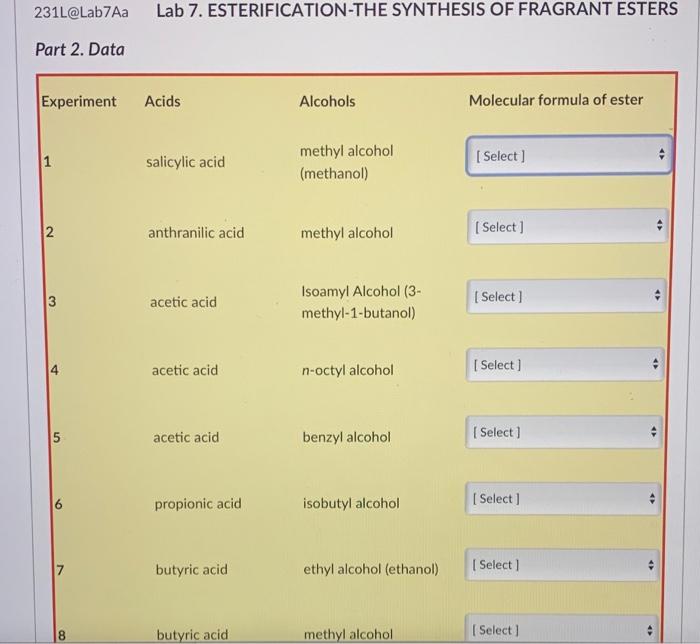 Solved 231L@Lab7Aa Lab 7. ESTERIFICATION-THE SYNTHESIS OF | Chegg.com