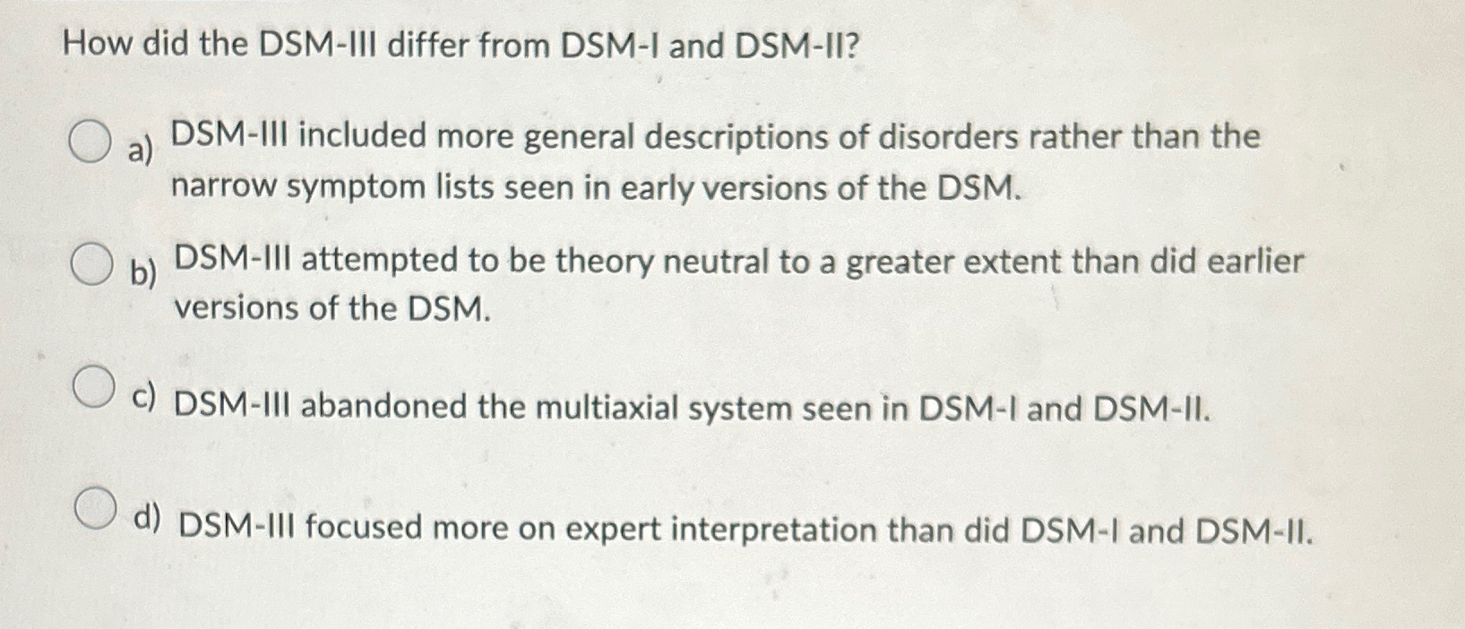 Solved How did the DSM-III differ from DSM-I and DSM-II?a) | Chegg.com