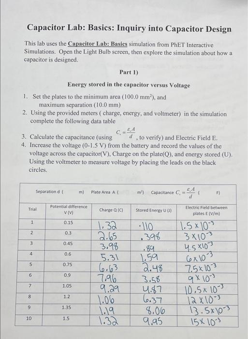 Solved Capacitor Lab: Basics: Inquiry into Capacitor Design | Chegg.com