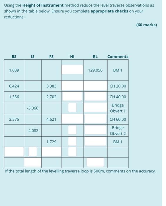 Solved Using the Height of Instrument method reduce the | Chegg.com