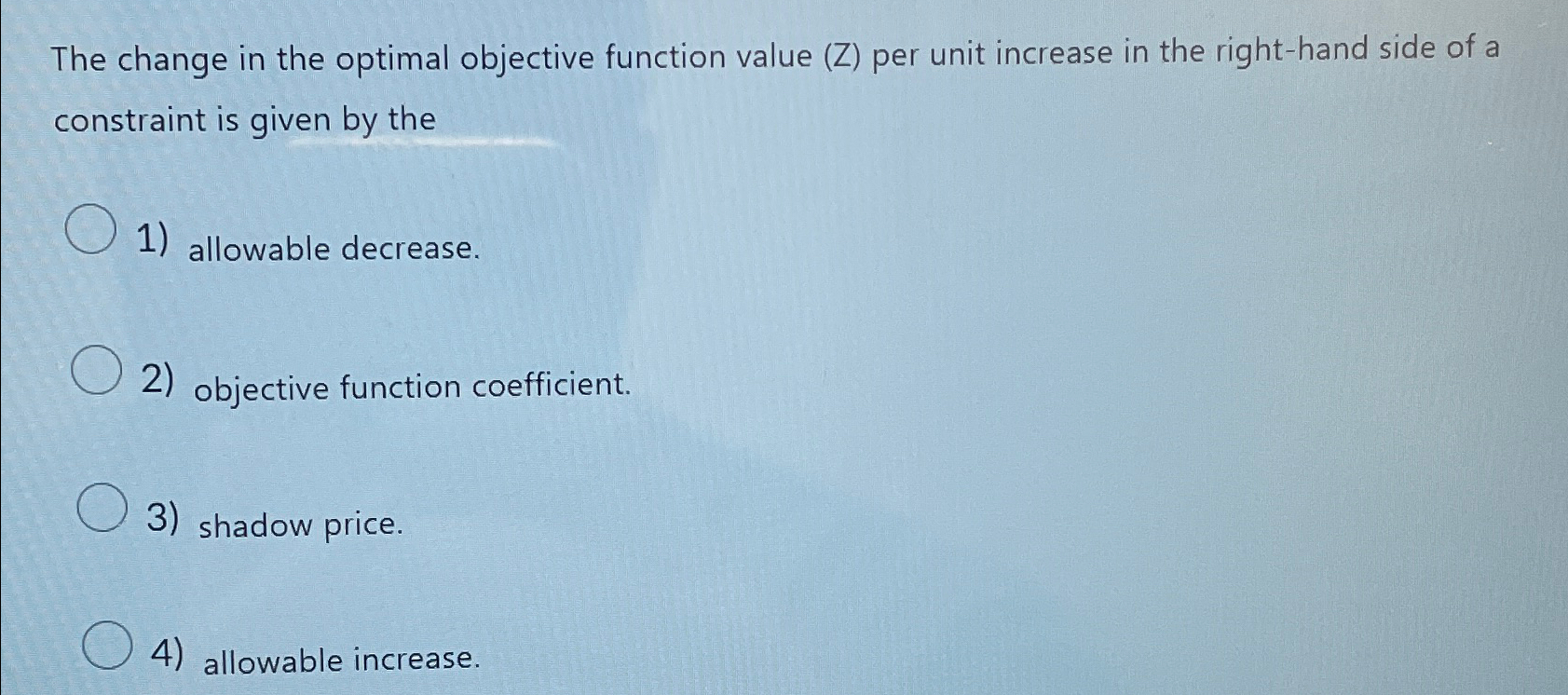 Solved The change in the optimal objective function value | Chegg.com