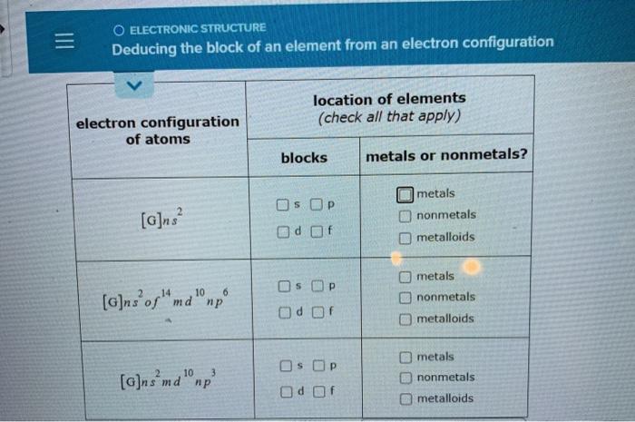 Solved O ELECTRONIC STRUCTURE Deducing the block of an | Chegg.com