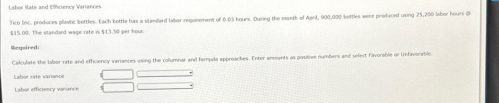 Solved Labor Rate and Efficiency Variances $15.00. ﻿The | Chegg.com