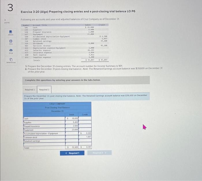Solved Exercise 3-20 (Algo) Preporing closing entries and a | Chegg.com