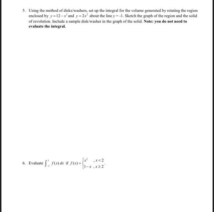 Solved 5. Using the method of disks/washers, set up the | Chegg.com