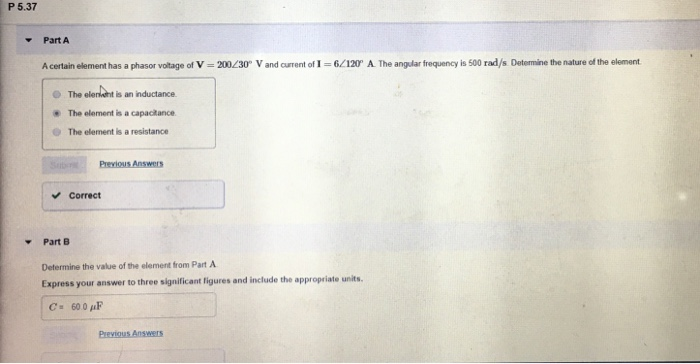Solved P5.37 Part A A certain element has a phasor voltage | Chegg.com