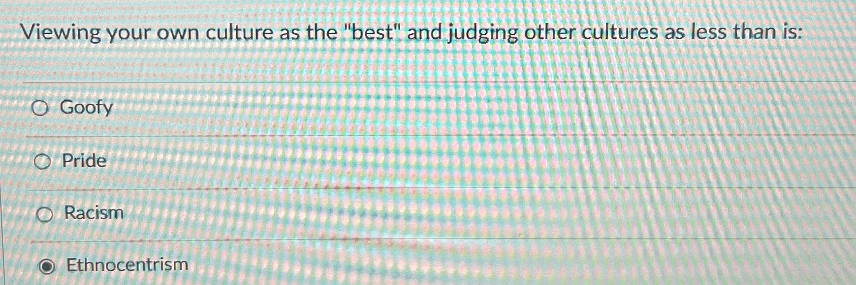 Solved Viewing your own culture as the "best" and judging | Chegg.com