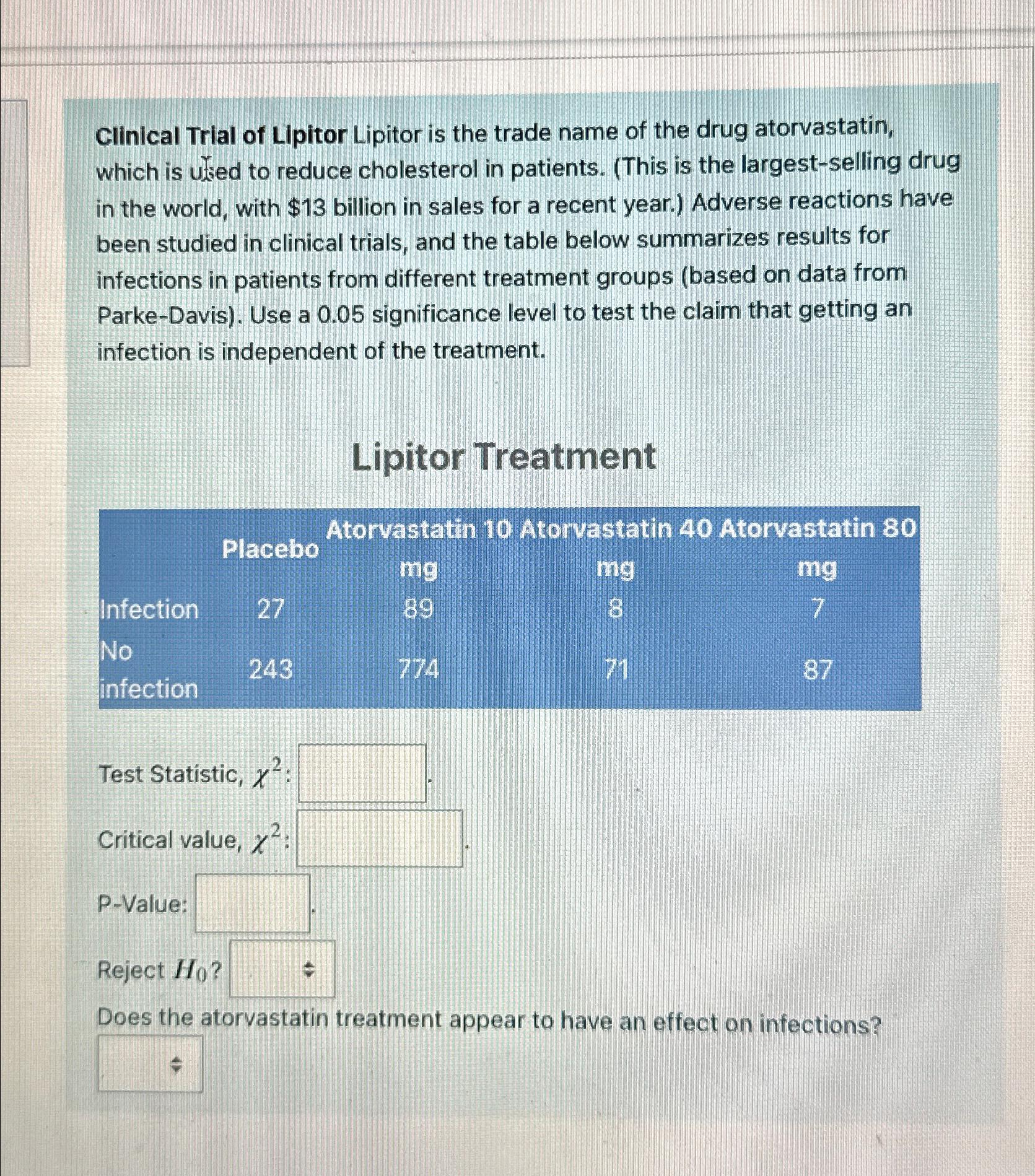 Solved Clinical Trial of Lipitor Lipitor is the trade name | Chegg.com