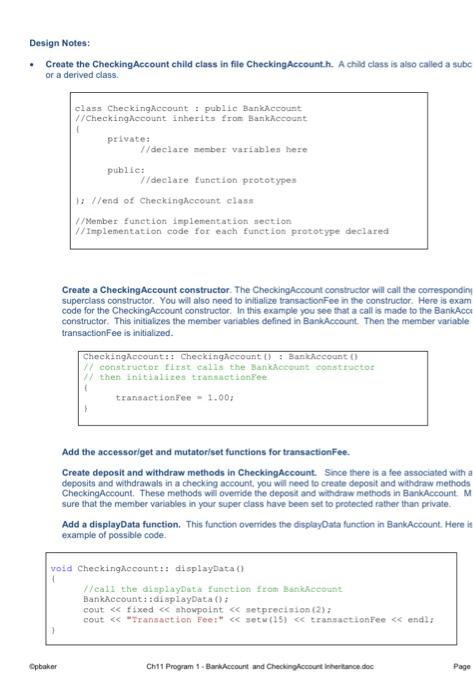 Solved CSC100AA and CIS162AB Ch 11 Program 1: BankAccount | Chegg.com
