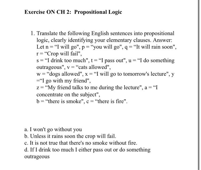 Solved 1. Translate the following English sentences into | Chegg.com