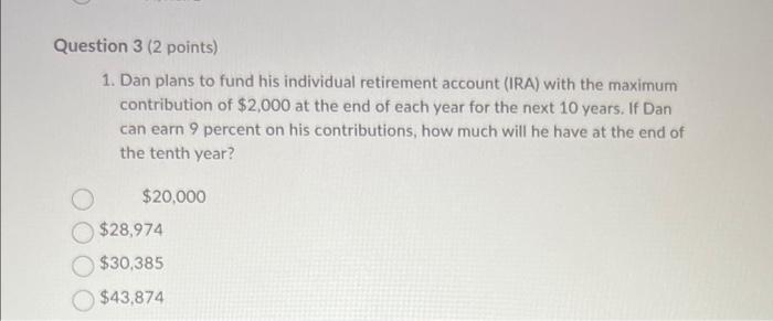Solved 1. Dan plans to fund his individual retirement | Chegg.com