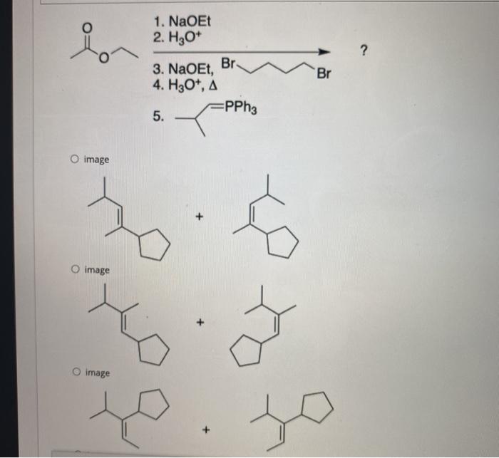 Solved Los ? 1. NaOEt 2. H20+ Br 3. NaOEt, 4. H3O+, A PPh3 | Chegg.com