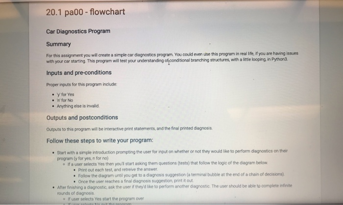 Solved 20.1 pa00-flowchart Car Diagnostics Program Summary | Chegg.com