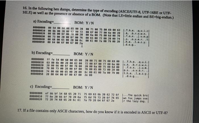16. In the following hex dumps, determine the type of | Chegg.com