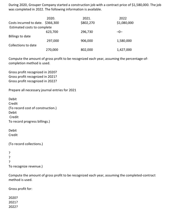 Solved During 2020, Grouper Company started a construction | Chegg.com