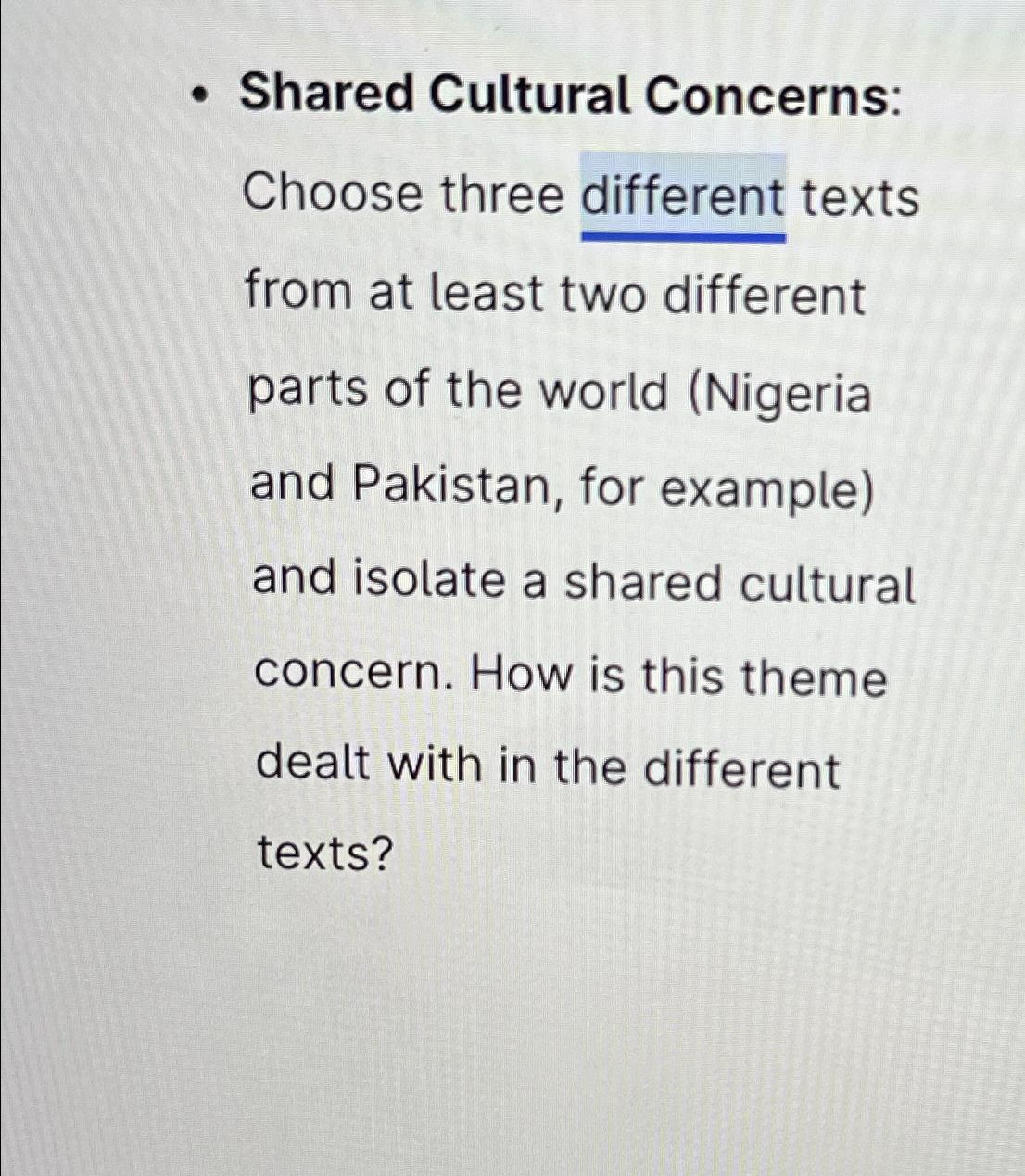Solved Shared Cultural Concerns:Choose three different texts | Chegg.com