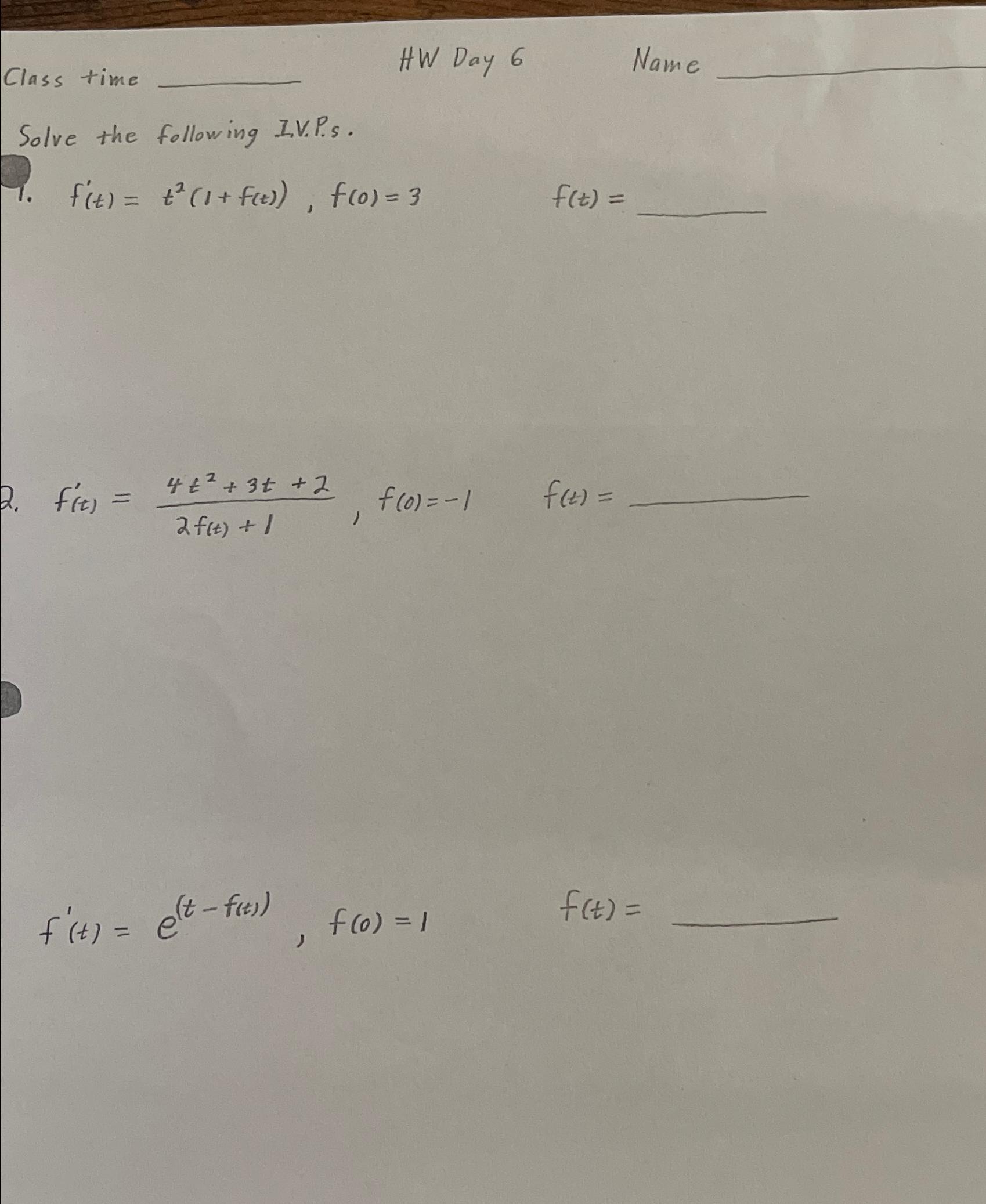 Solved Class timeHW Day 6NameSolve the following | Chegg.com