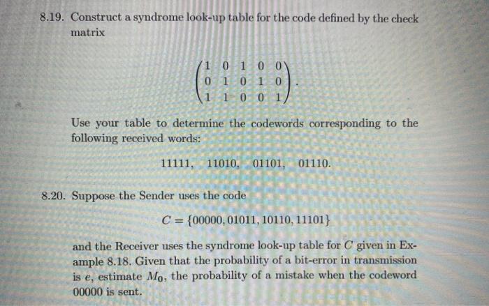 8.19. Construct a syndrome look-up table for the code | Chegg.com