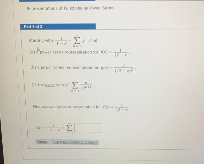 Solved Representations of Functions as Power Series Part 1 | Chegg.com