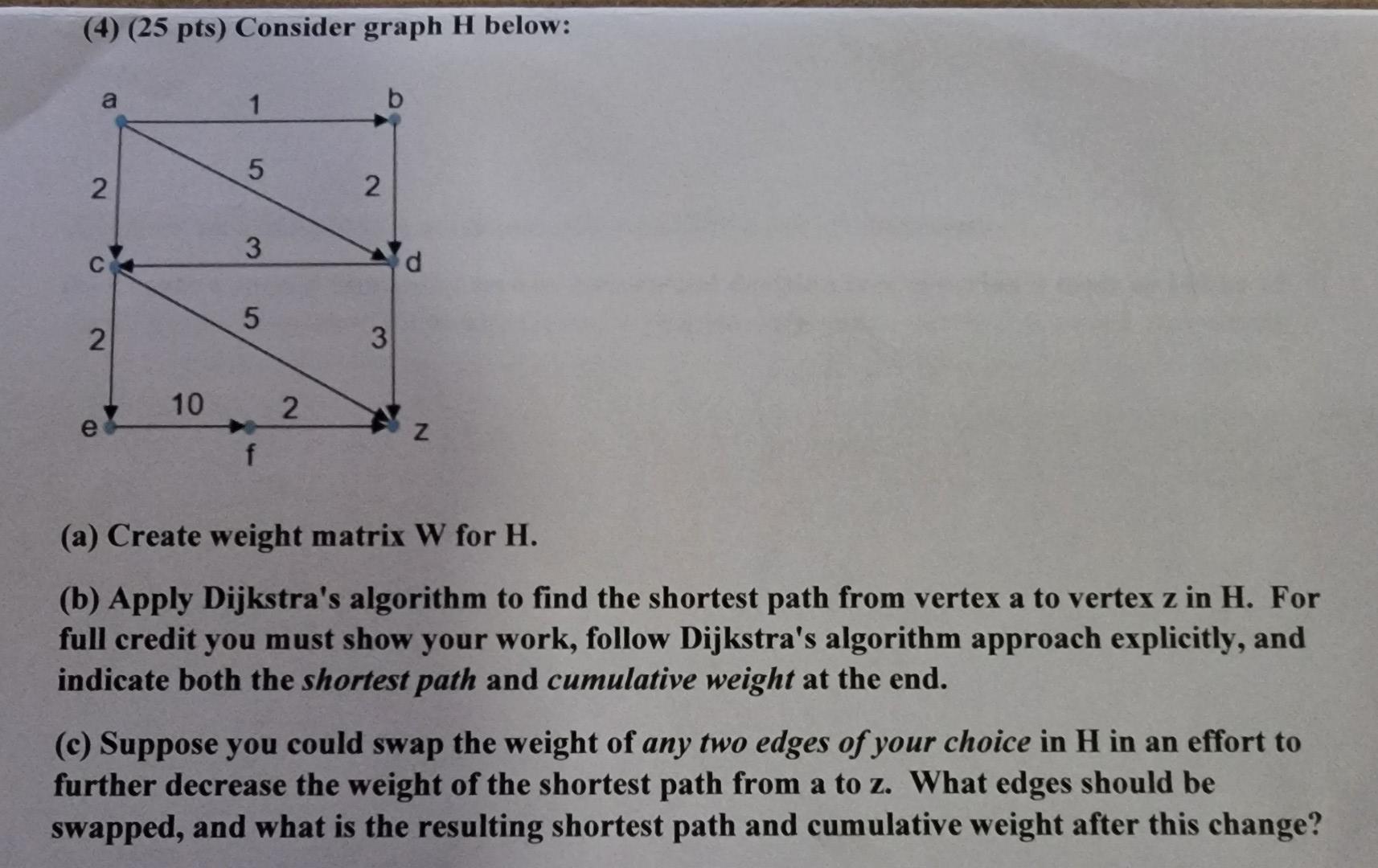 Solved (4) (25 pts) Consider graph H below: (a) Create | Chegg.com