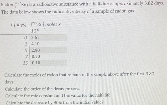 Solved Radon ( 222Rn) is a radioactive substance with a | Chegg.com