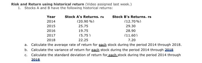 Solved Risk and Return using historical return (Video | Chegg.com