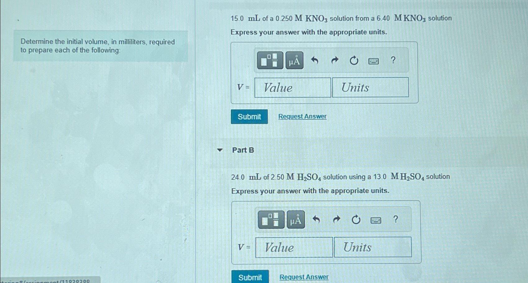 Solved Determine the initial volume, in milliliters, | Chegg.com