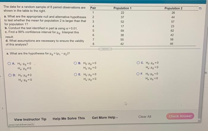 Solved The data for a random sample of 8 paired observations | Chegg.com