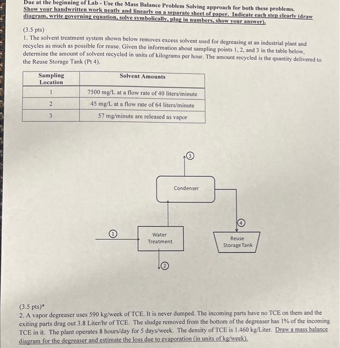 Solved Due at the beginning of Lab - Use the Mass Balance | Chegg.com