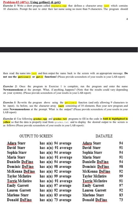 Problem-03 (40%): Using getline() & get() Exercise 1: | Chegg.com