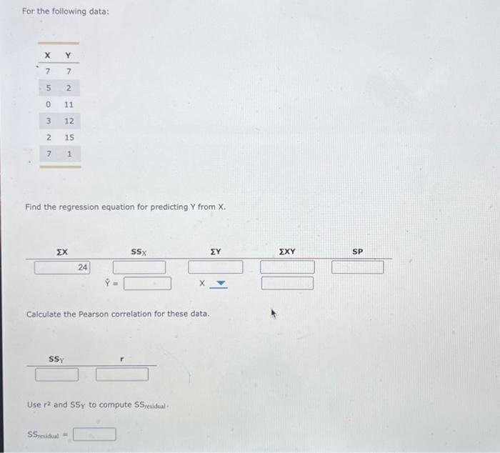 Solved For the following data: Find the regression equation | Chegg.com