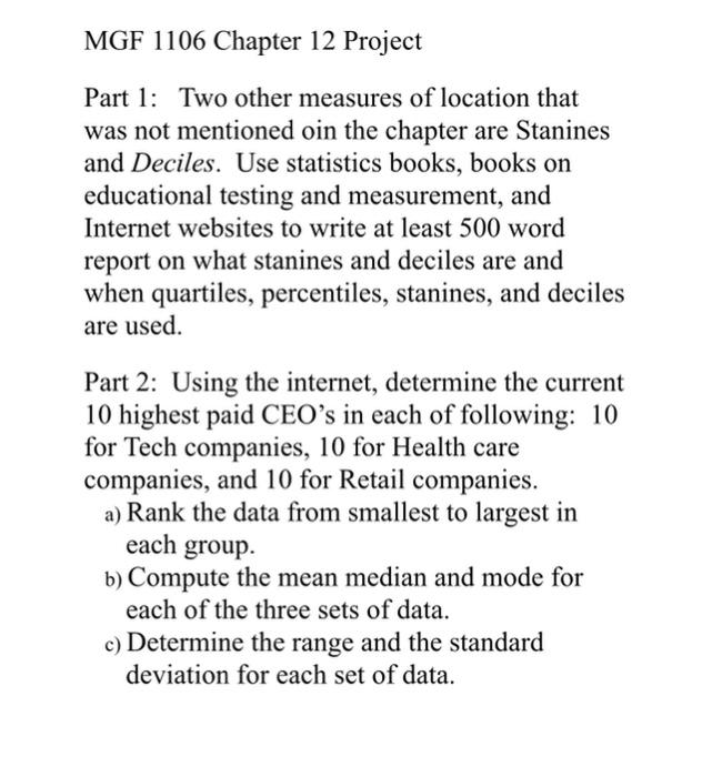 Solved MGF 1106 Chapter 12 Project Part 1: Two other | Chegg.com