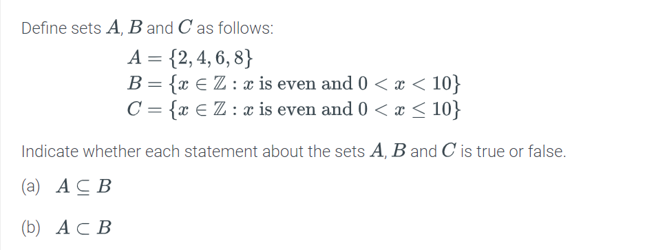 Define sets A,B ﻿and C ﻿as follows:A,BCAsubeBAsubB | Chegg.com