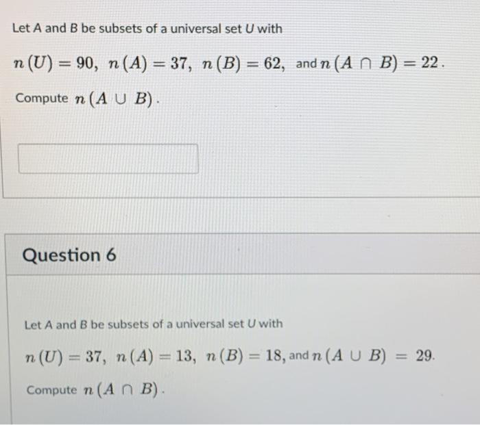 Solved Let A and B be subsets of a universal set U with n | Chegg.com