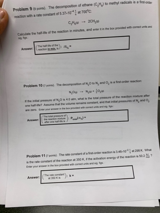 Solved Problem 9 (8 points). The decomposition of ethane | Chegg.com