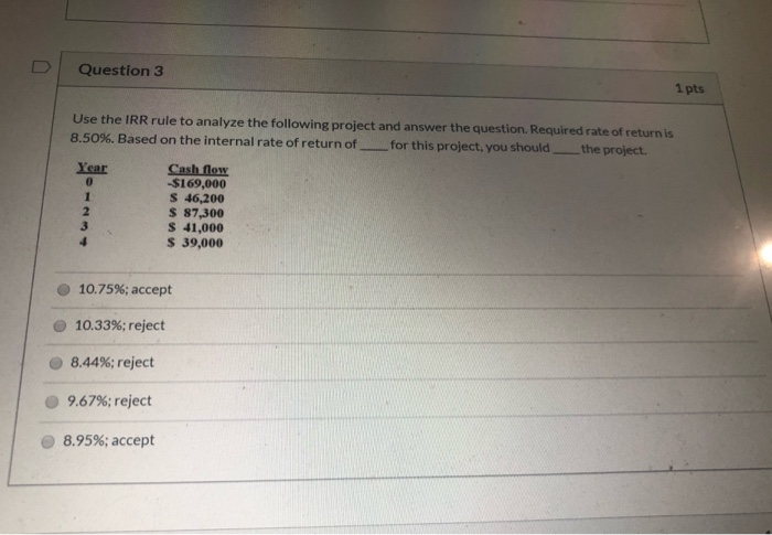 Solved Question 3 1 pts Use the IRR rule to analyze the | Chegg.com
