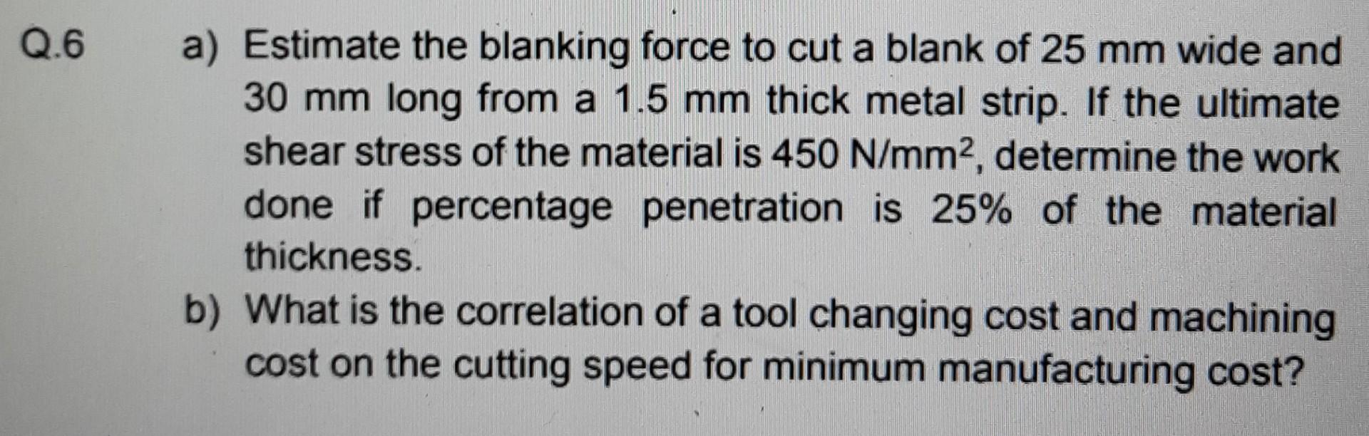 Solved Q.6 a) Estimate the blanking force to cut a blank of | Chegg.com