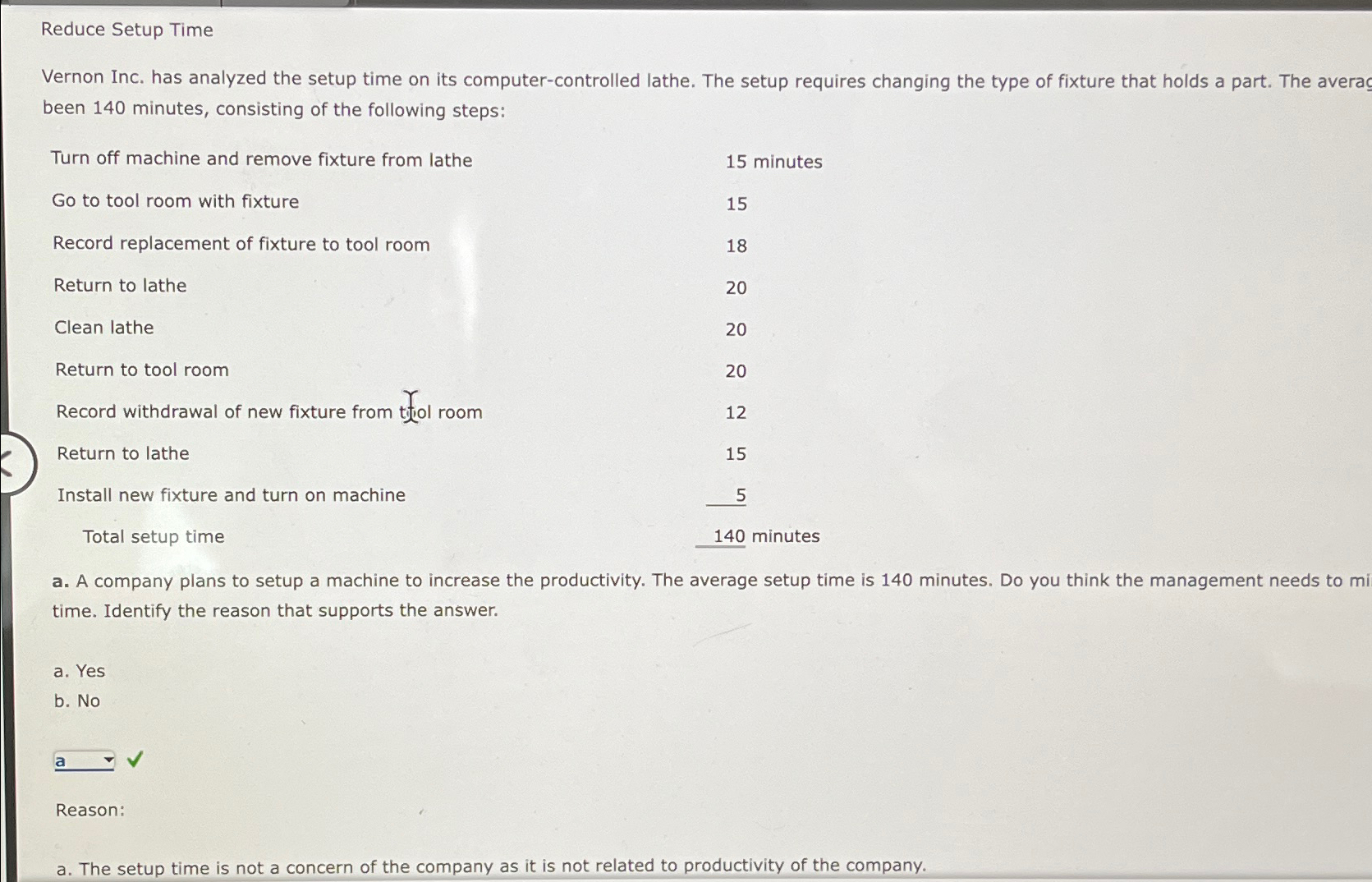 Solved Reduce Setup TimeVernon Inc. has analyzed the setup | Chegg.com