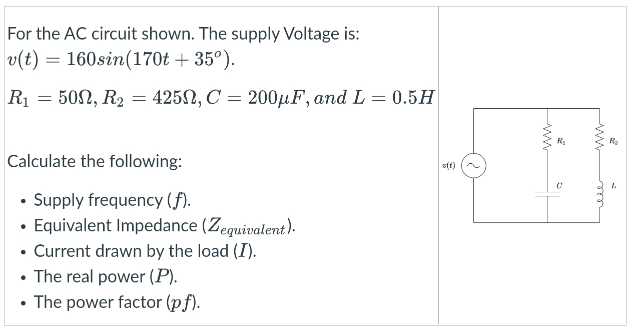 Solved For the AC circuit shown. The supply Voltage | Chegg.com