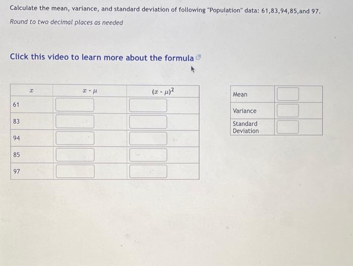 Solved Calculate the mean, variance, and standard deviation | Chegg.com