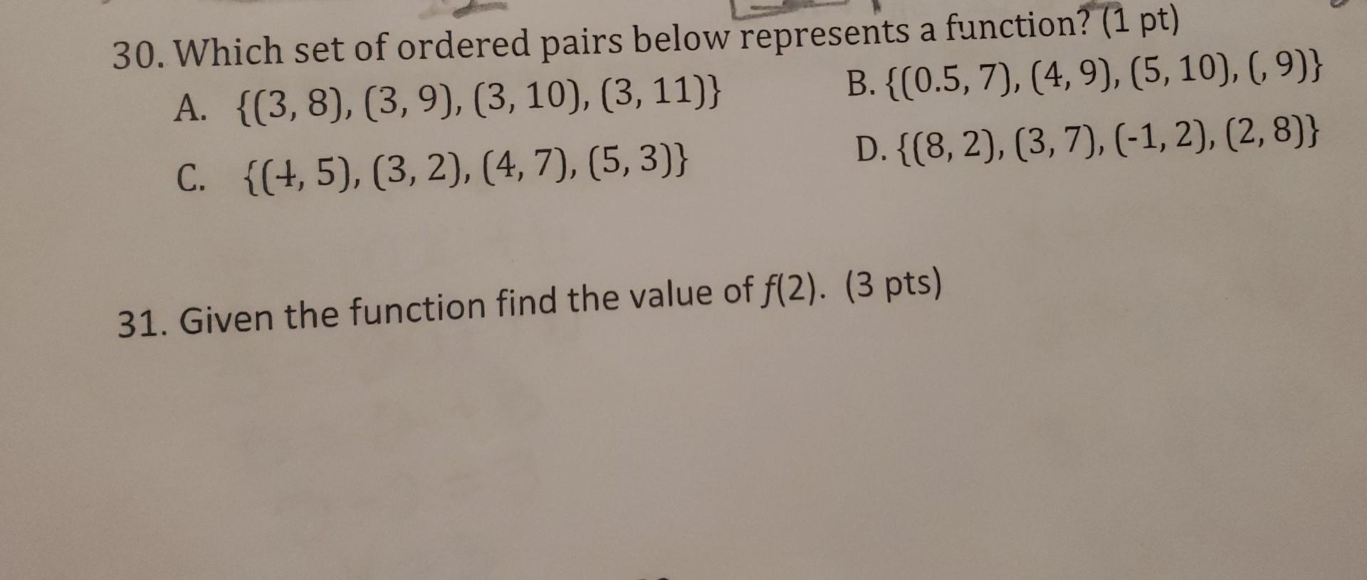 Solved 30. Which set of ordered pairs below represents a | Chegg.com