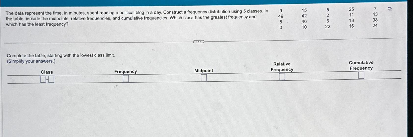 Solved The data represent the time, in minutes, spent | Chegg.com