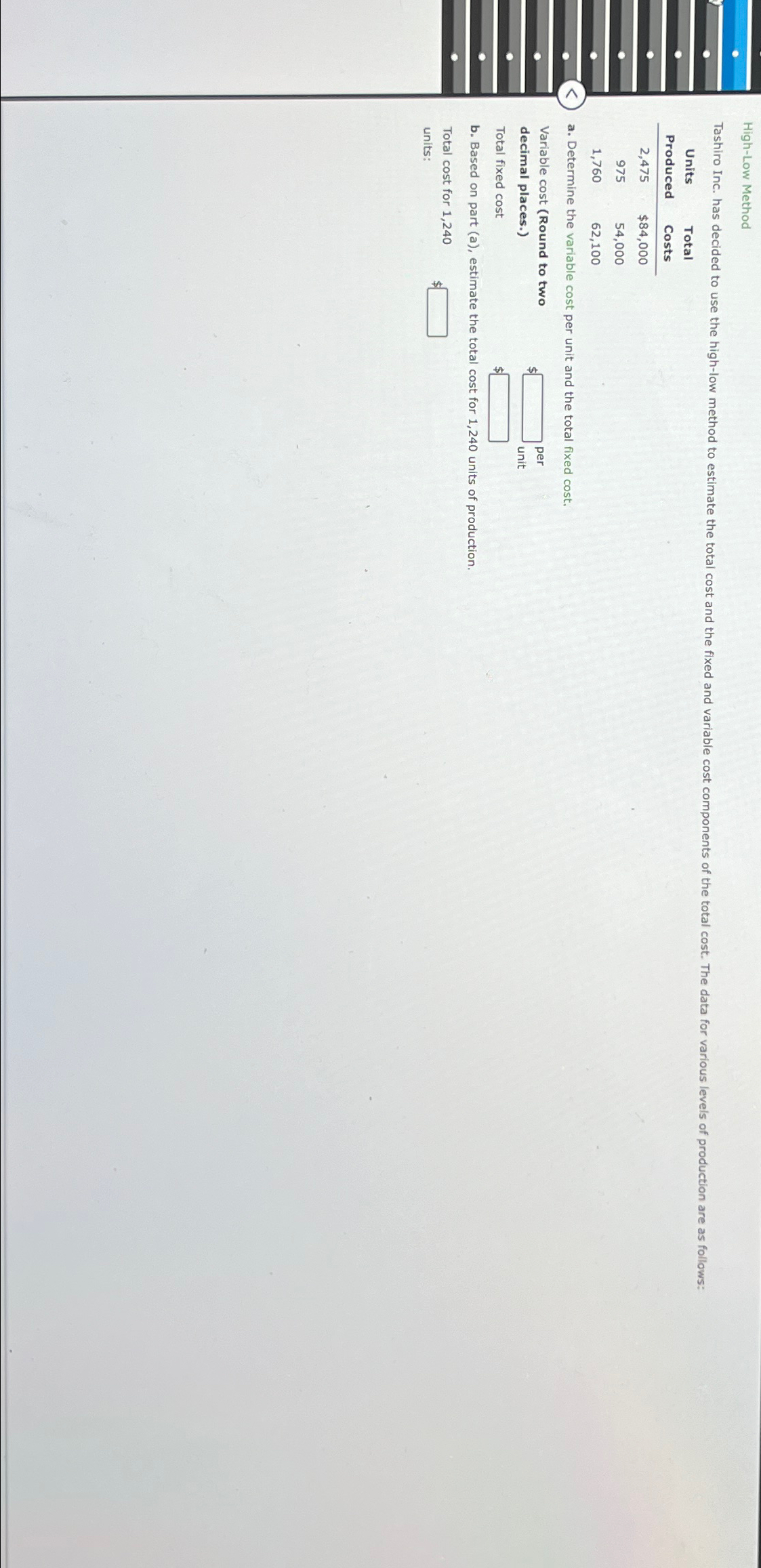 Solved High-Low MethodTashiro Inc. has decided to use the | Chegg.com