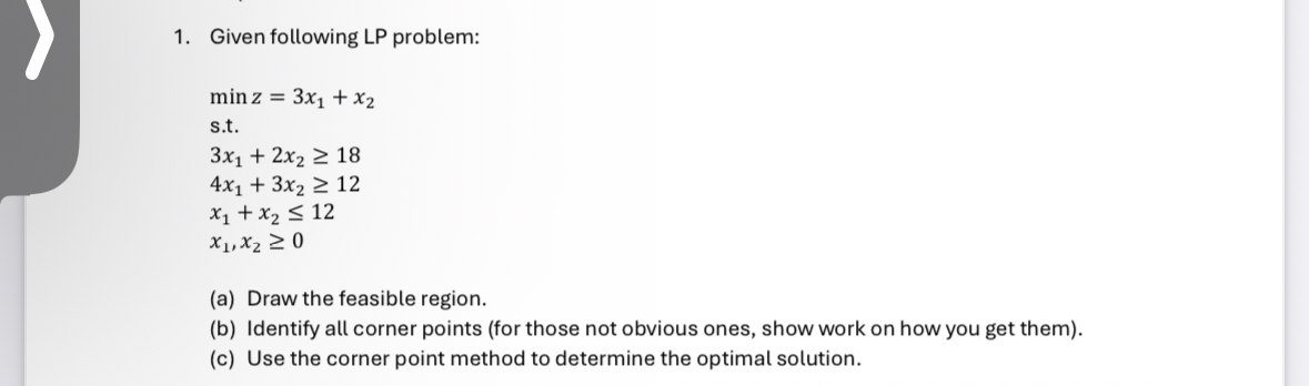 Solved Given following LP problem:minz=3x1+x2 ﻿s.t. | Chegg.com